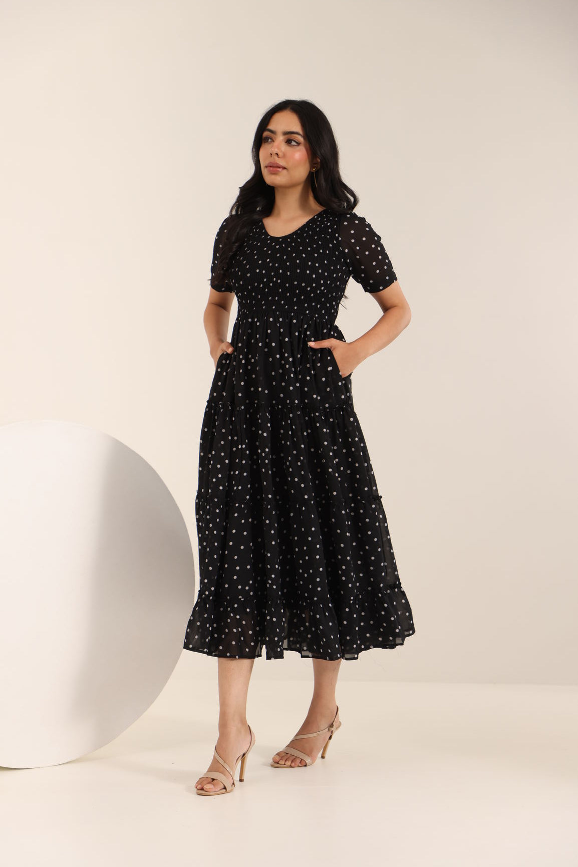 BLACK POLKA SMOCKED MAXI